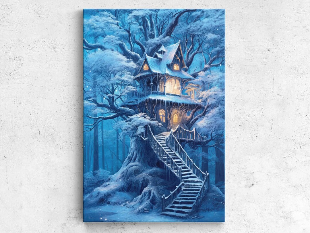 Magical Snow-covered Treehouse in the Winter, Digital Print on Canavs ...