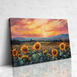 Sunflower Field in Sunset Oil Painting, Floral Garden and Botanical ...