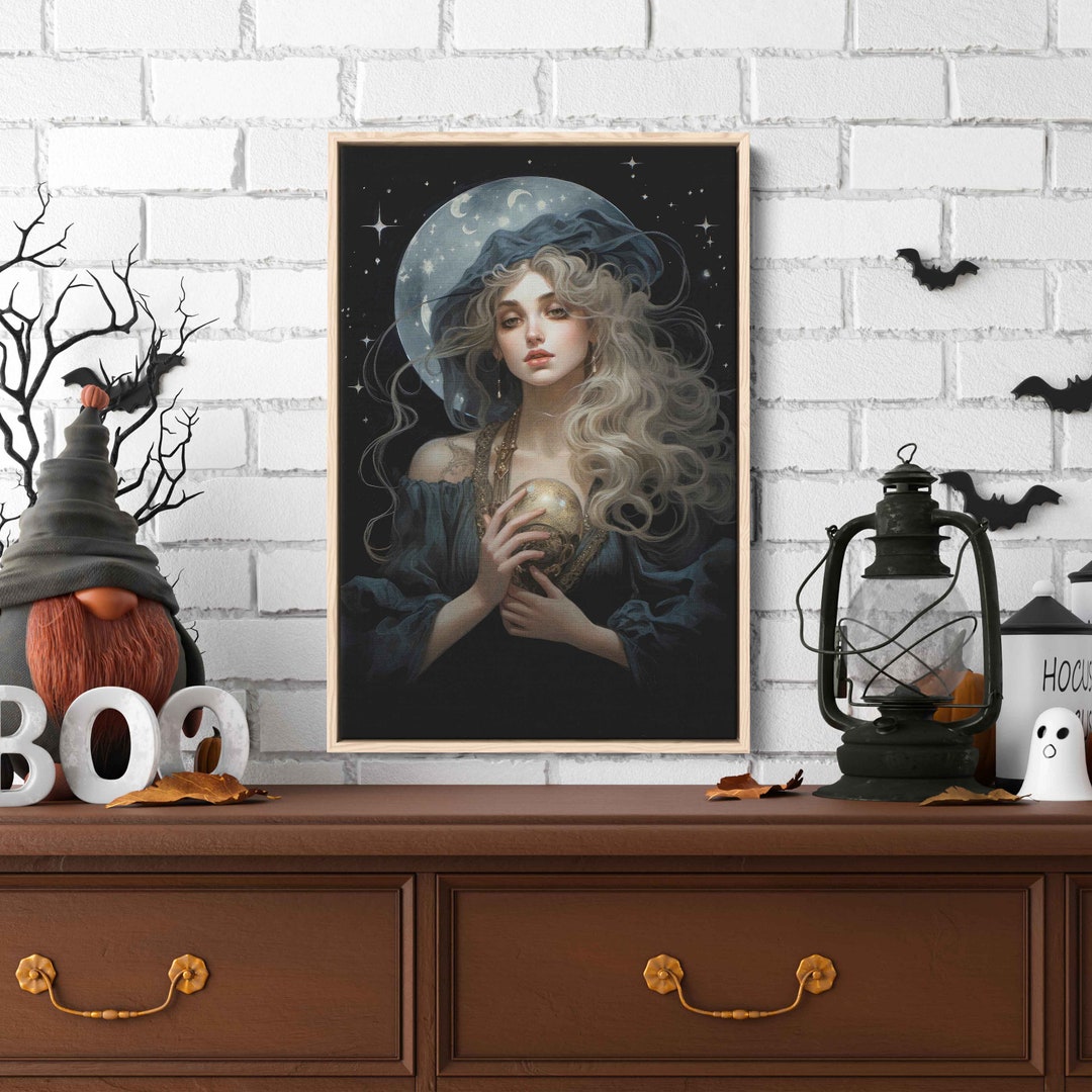 Celestial Witch Under Full Moon, Halloween Wall Art, Framed Canvas ...