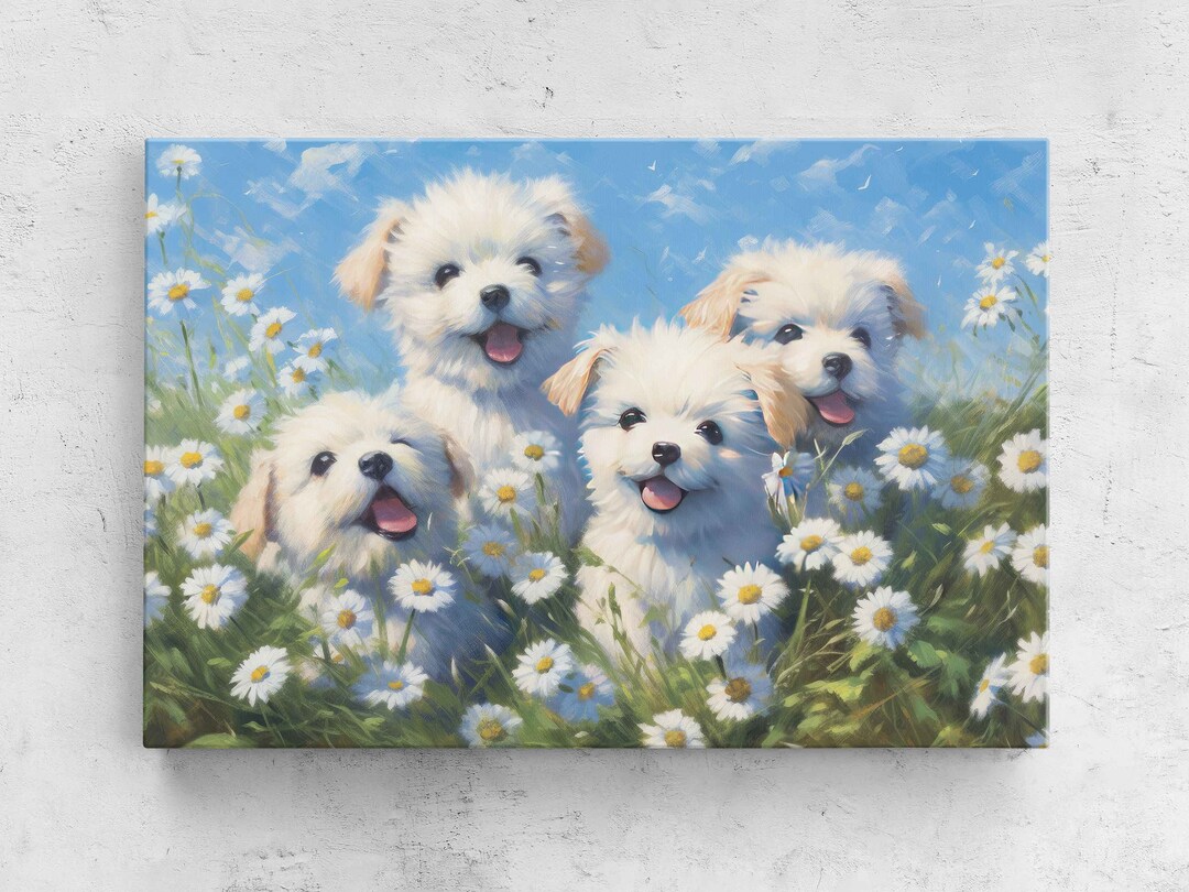 Pack of Cute Puppies in A Bed of Daisies Painting, Framed Canvas Print ...