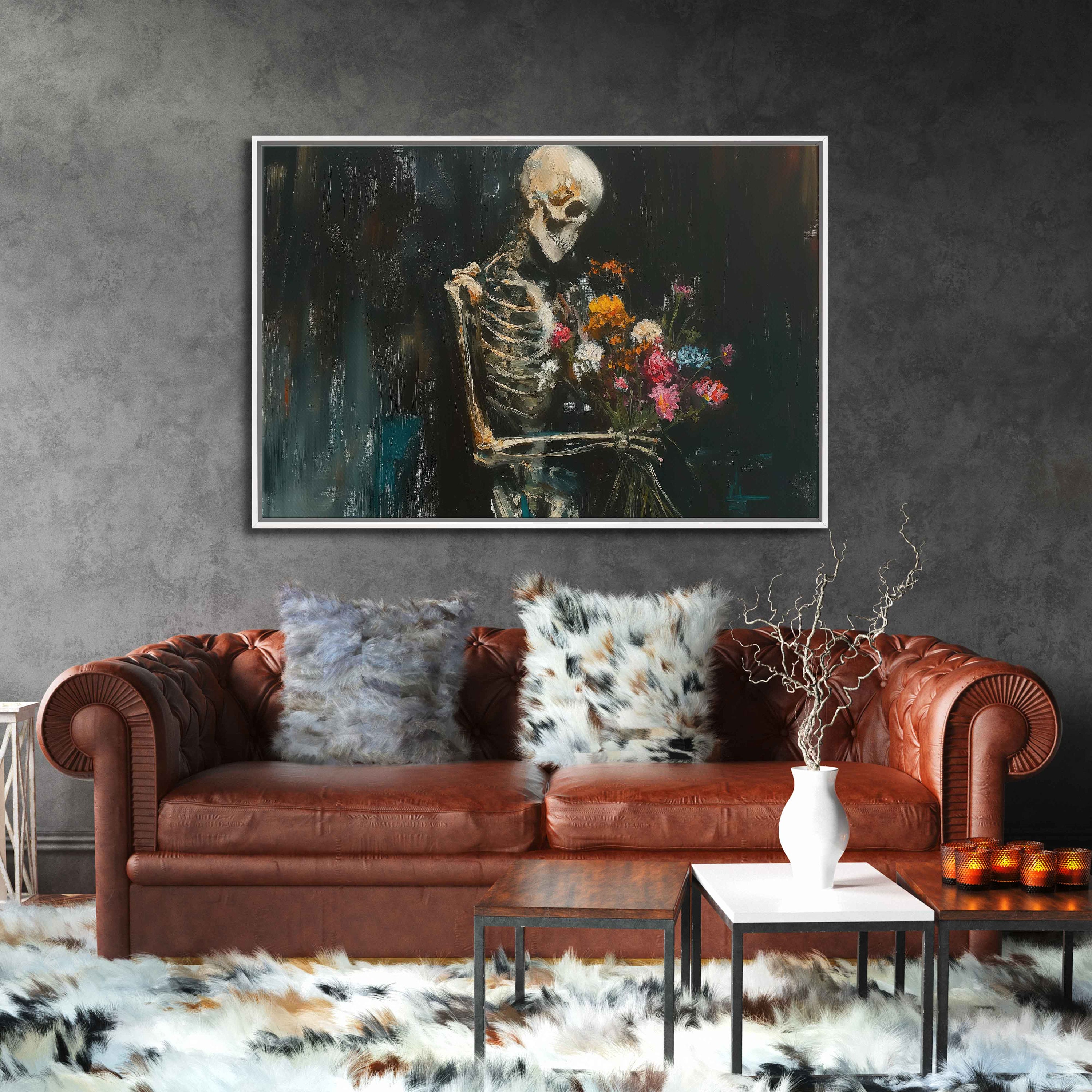 Skeleton Holding Bouquet of Flowers Whimsical Wall Art Canvas Print ...