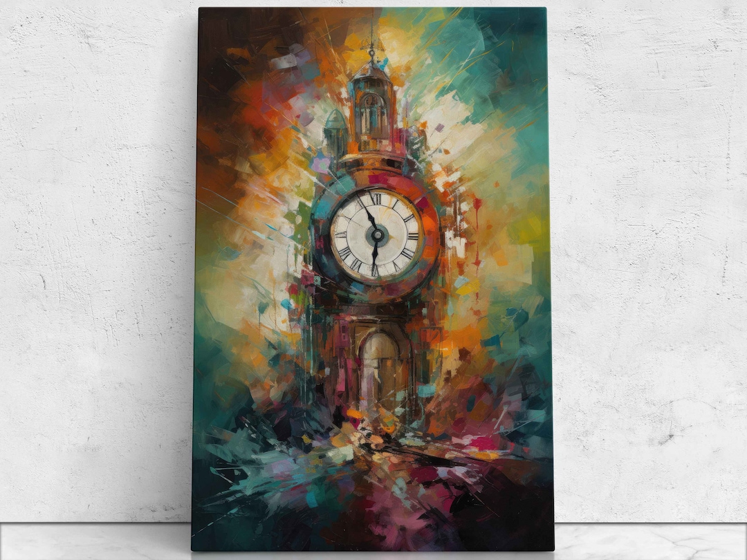 Abstract Clock Tower Oil Painting, Digital Print on Canvas, Muted ...