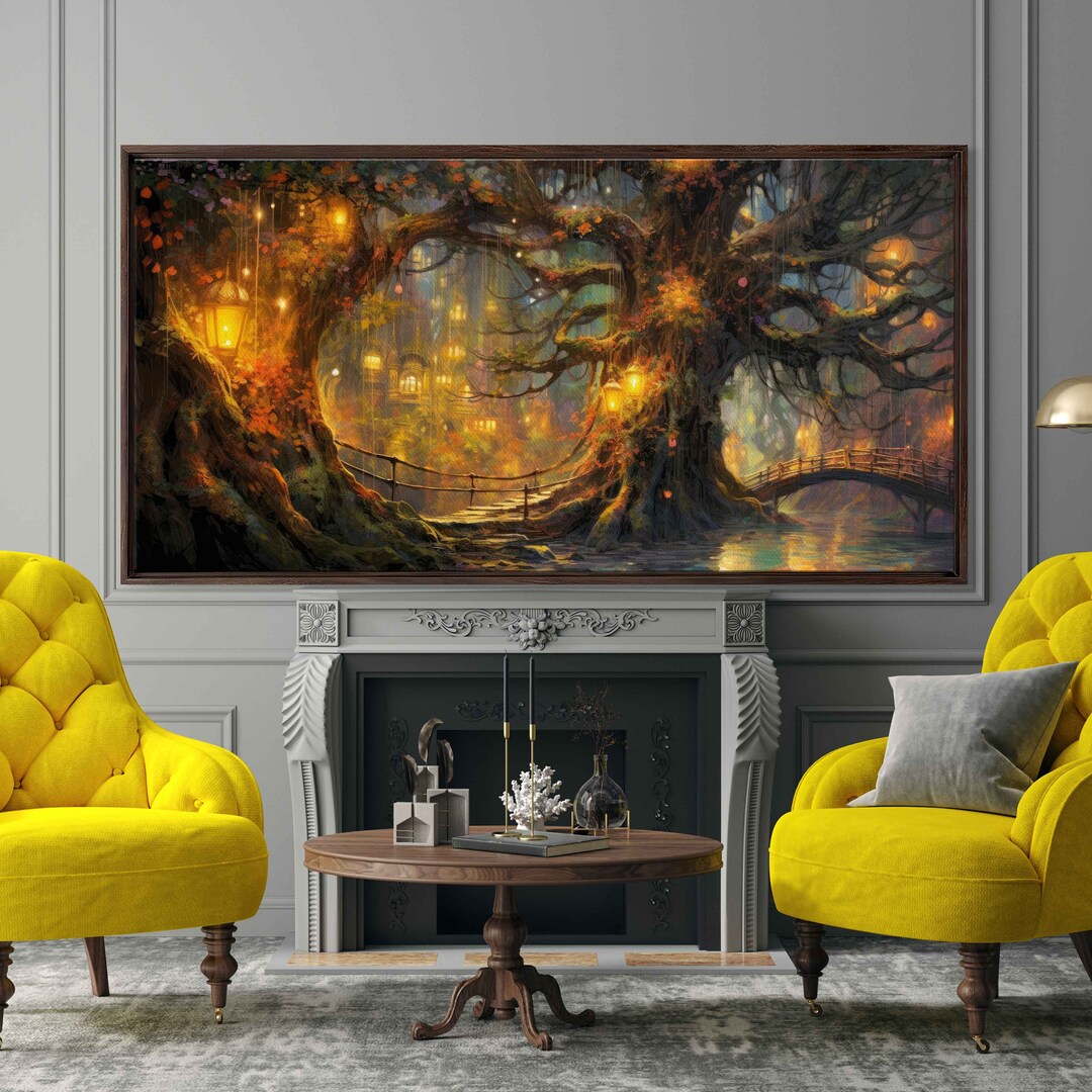Mythical Forest Trees Bridge Wall Art Canvas Print, Hanging Lanterns ...