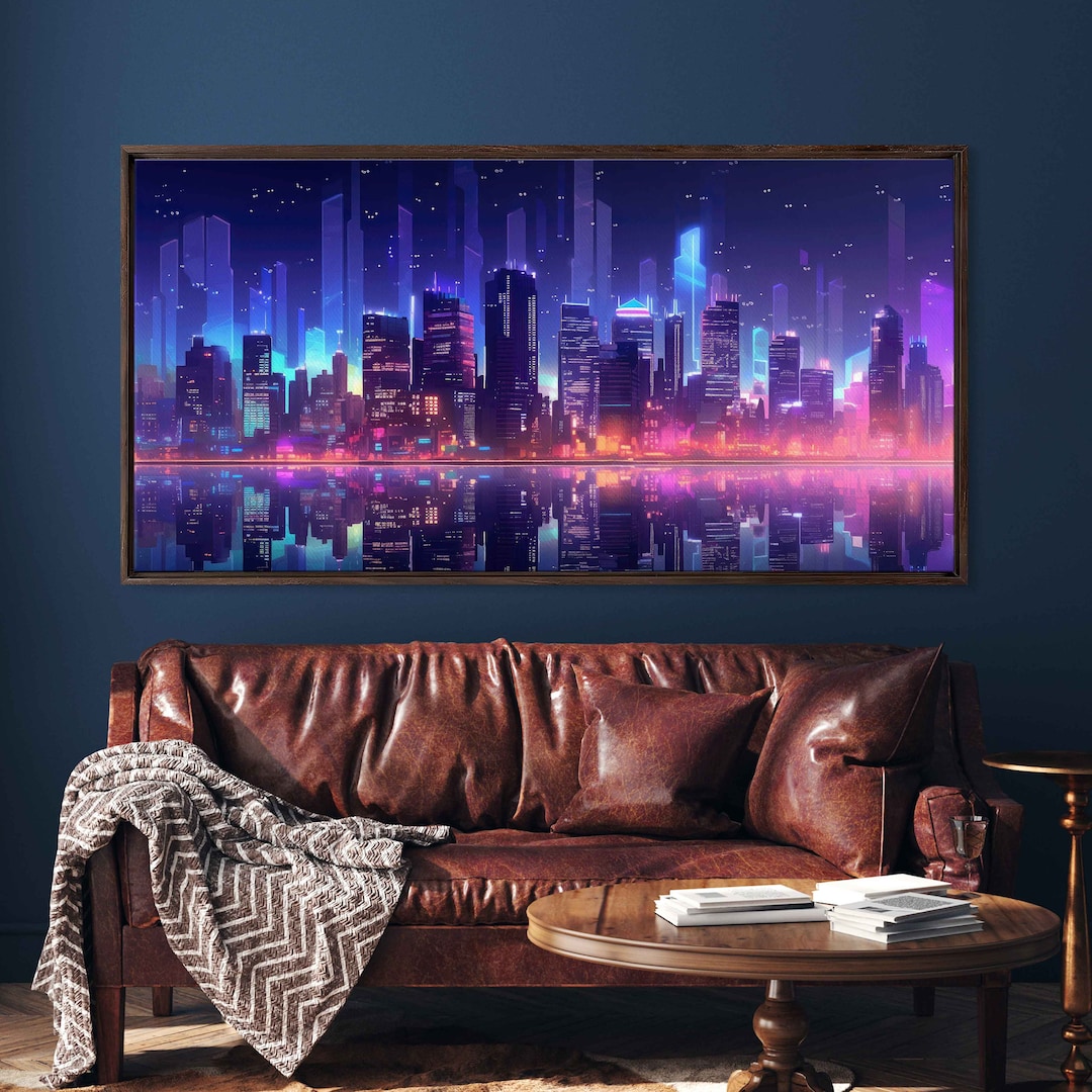 Night City Skyline Neon Wall Art Canvas Print, Vibrant Colors on the ...
