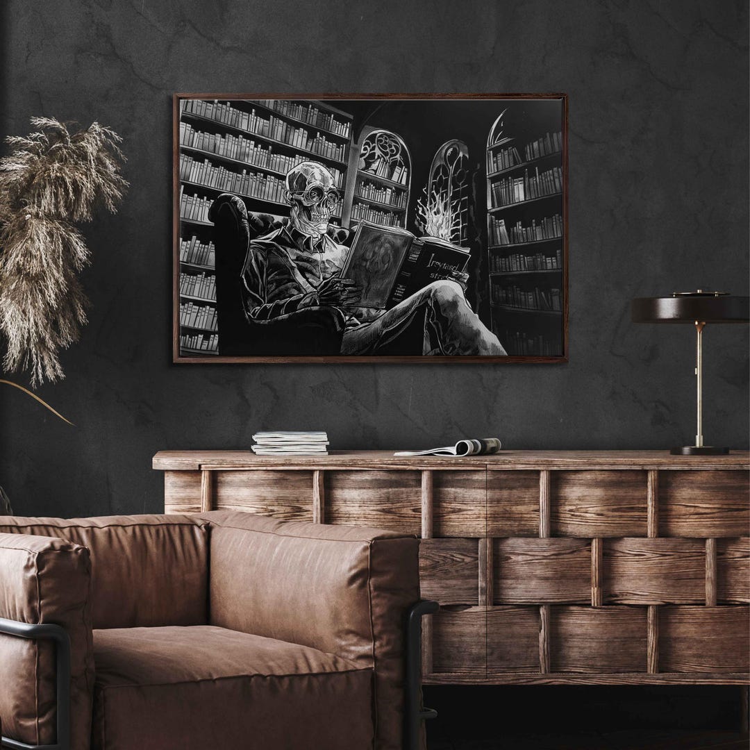 Skeleton in Library Reading Book Ink Art Painting Wall Art Canvas Print ...