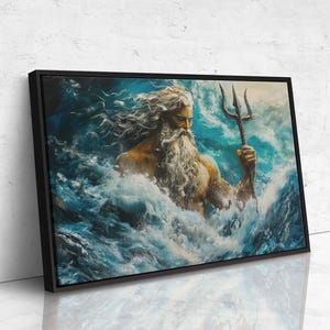 Poseidon Holding Trident Standing in Crashing Oceans Waves Wall Art ...