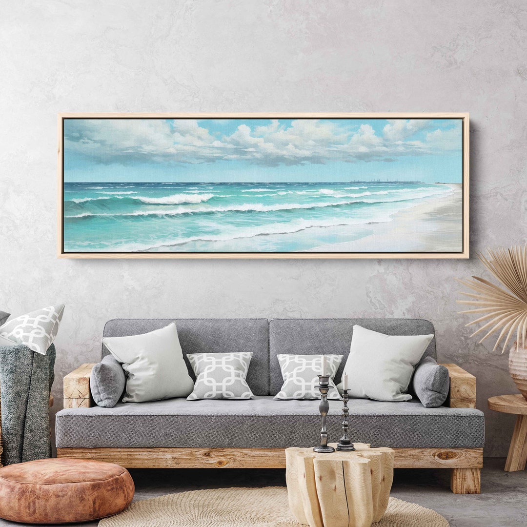 Calm Ocean Waves on Sandy Beach, Cloudy Skies, Panoramic Painting ...