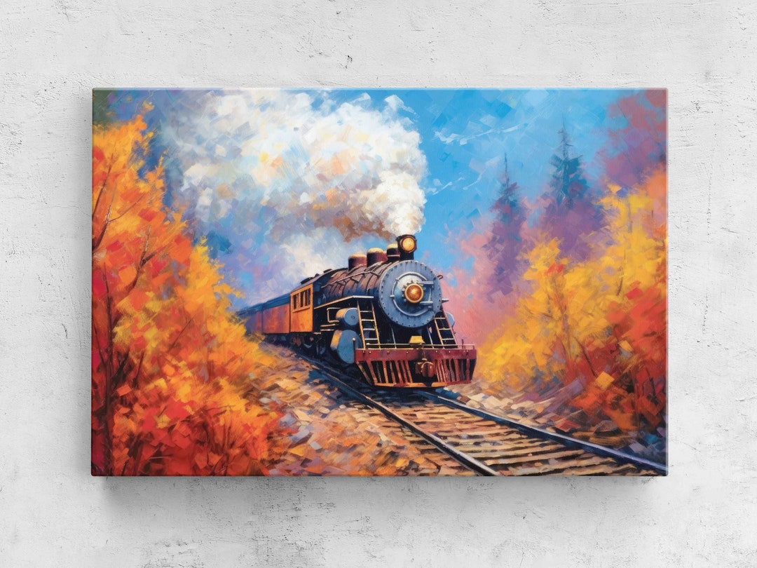 Colorful Steam Train Painting in Autumn, Framed Canvas Print, Ready to ...