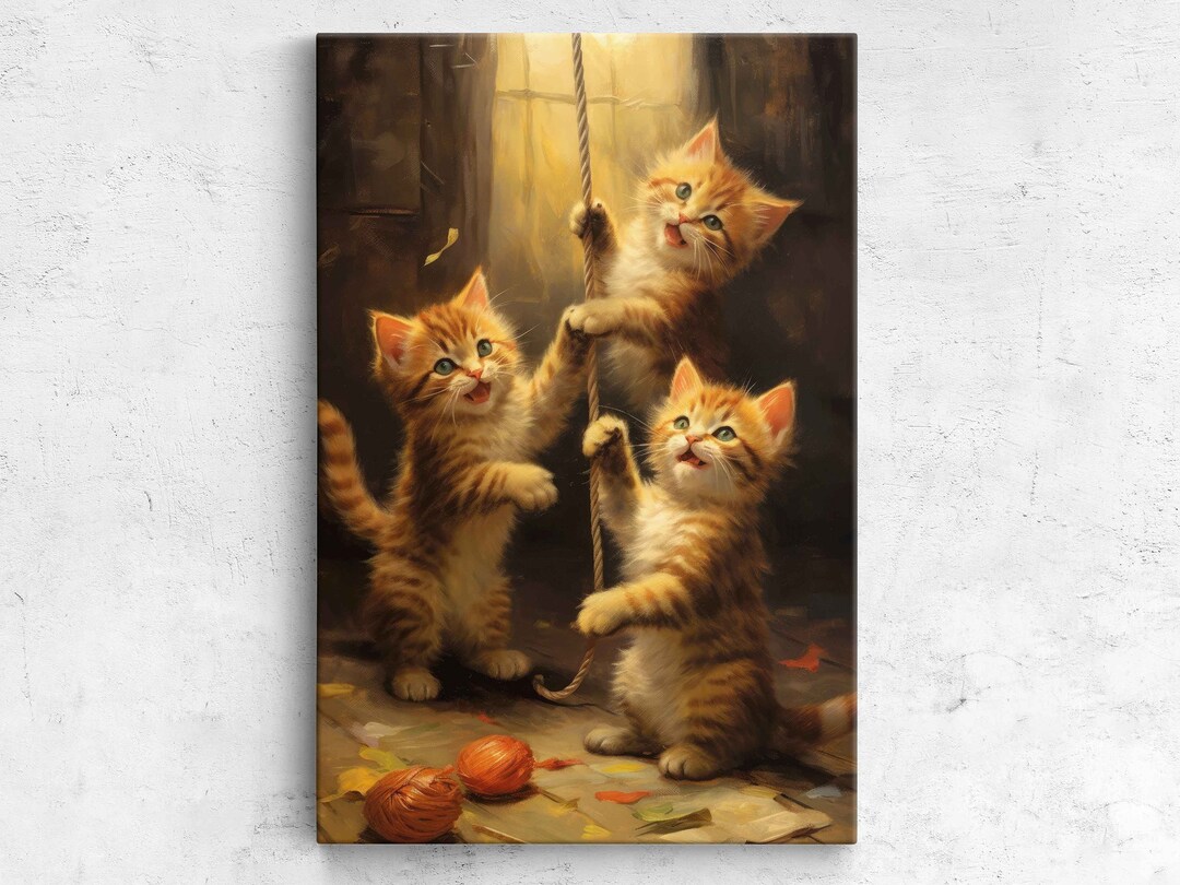 Cute Kittens Playing With Yarn Painting, Framed Canvas Print, Ready to ...
