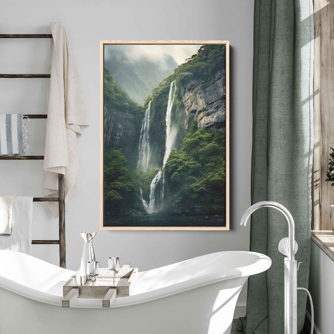 Towering Waterfall Over Rugged Cliffs Wall Art Ready to Hang, Cliffside ...