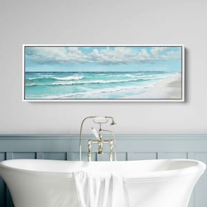 Calm Ocean Waves on Sandy Beach, Cloudy Skies, Panoramic Painting ...