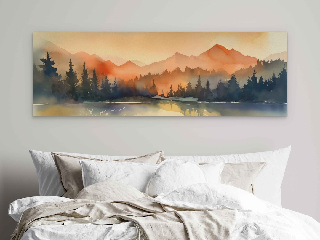 Colorful Panoramic Watercolor Landscape, Forest Mountains and Lake ...