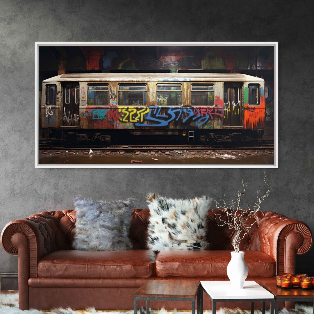 Graffiti Tagged Subway Train Wall Art Canvas Print, Vibrant Colors ...