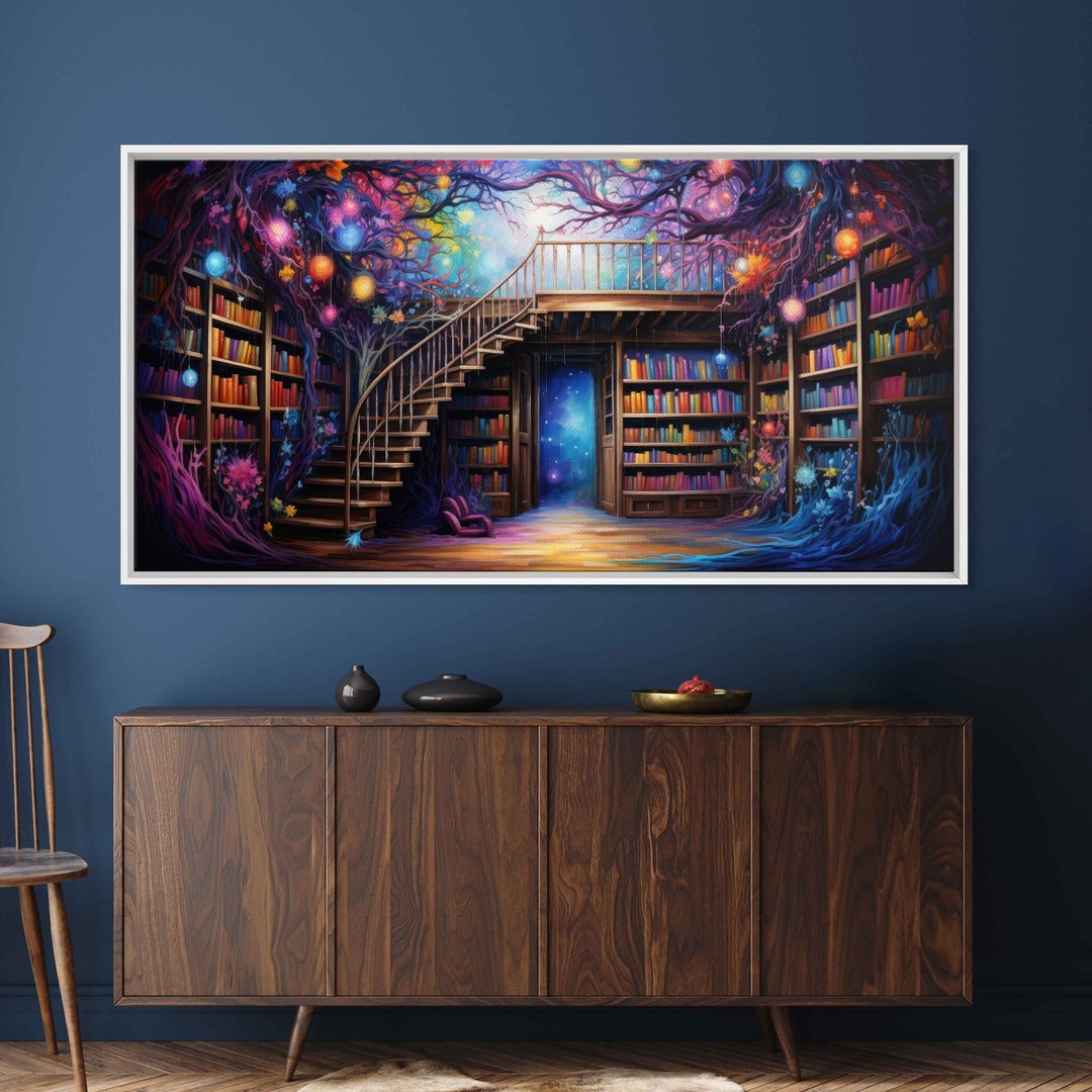 Colorful Library Fantasy Art, Acrylic Painting, Framed Canvas Print ...