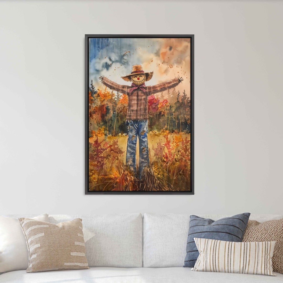 Charming Scarecrow Standing in Golden Wheat Field Watercolor Wall Art ...