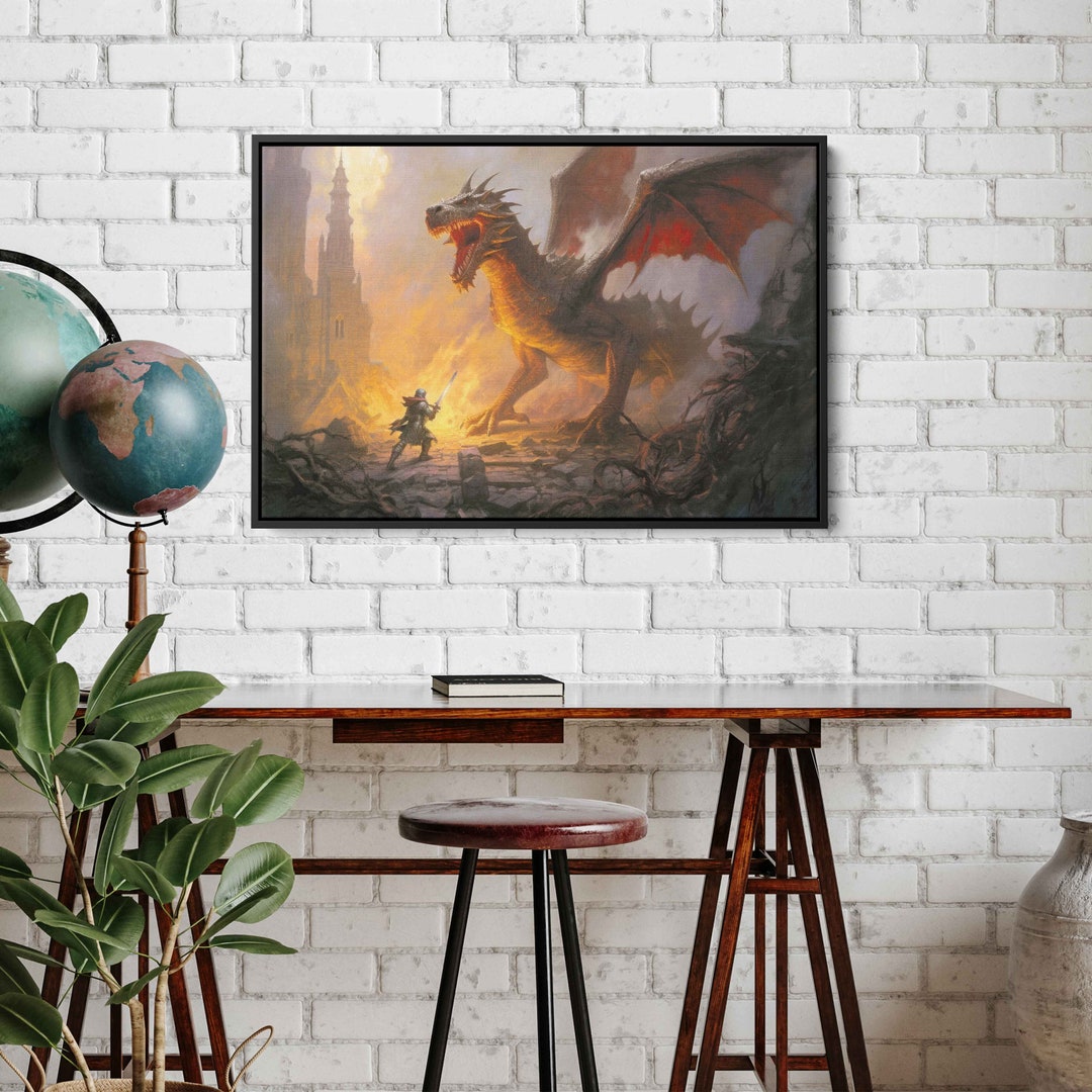 Dragon Slayer Knight Painting, Framed Canvas Print, Ready to Hang ...