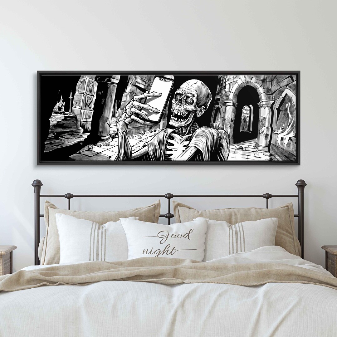 Skeleton in Crypt Taking Selfie Ink Art Painting Wall Art Canvas Print ...