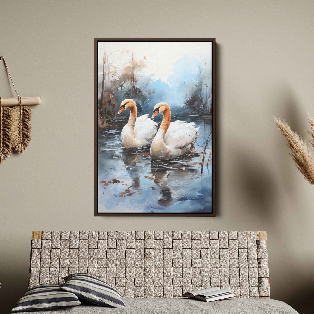 Swans in Pond Watercolor Wall Art Canvas Print, Gift for Animal or ...