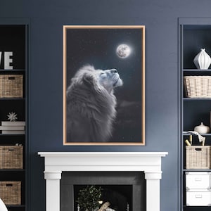 Majestic Lion Staring up at the Moon Wall Art Canvas Print, Lions Mane ...