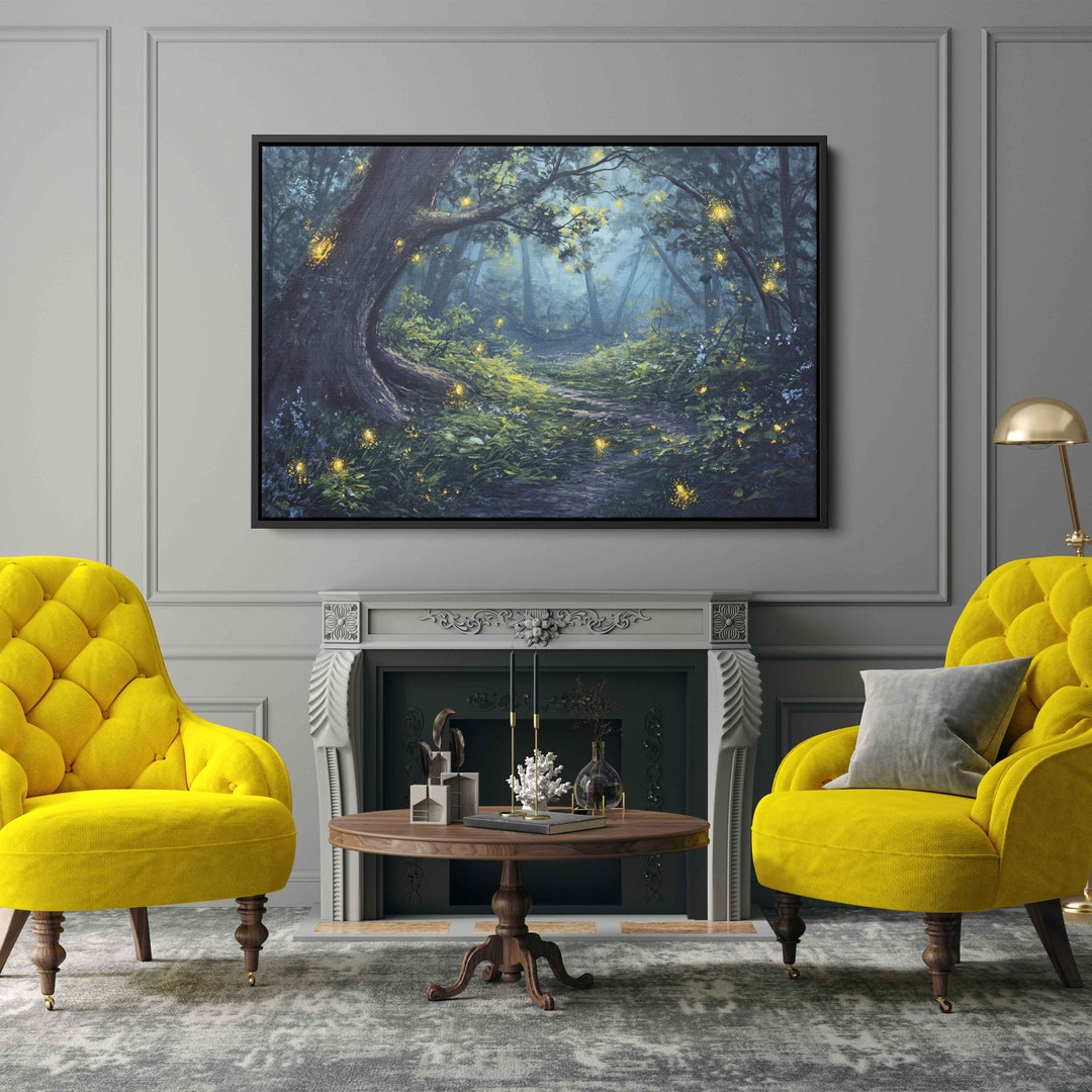Enchanted Forest Path Wall Art Canvas Print, Glowing Fireflies , Nature ...