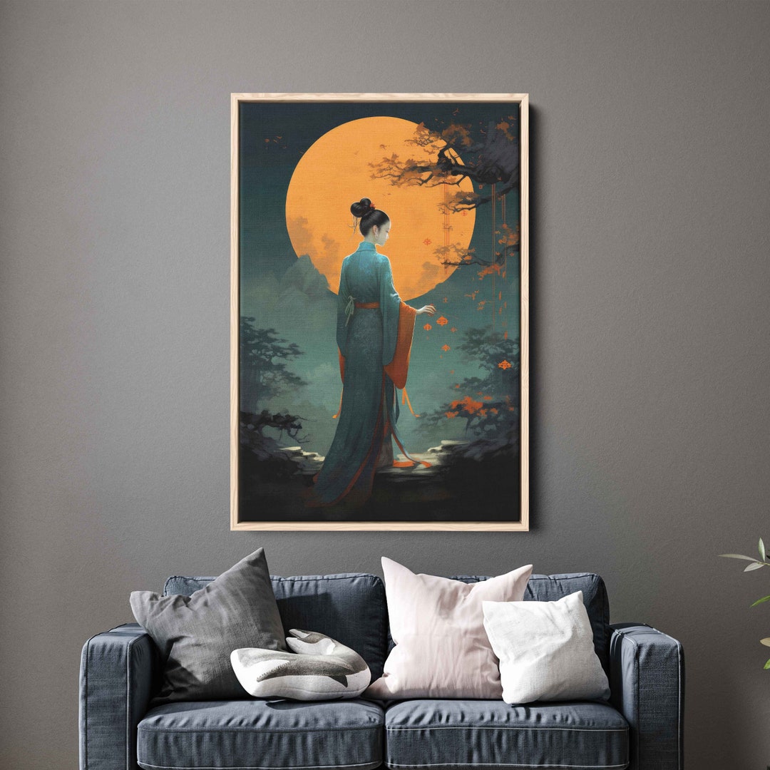 Japanese Full Moon Retro Wall Art, Framed Canvas Print, Ready to Hang - Etsy