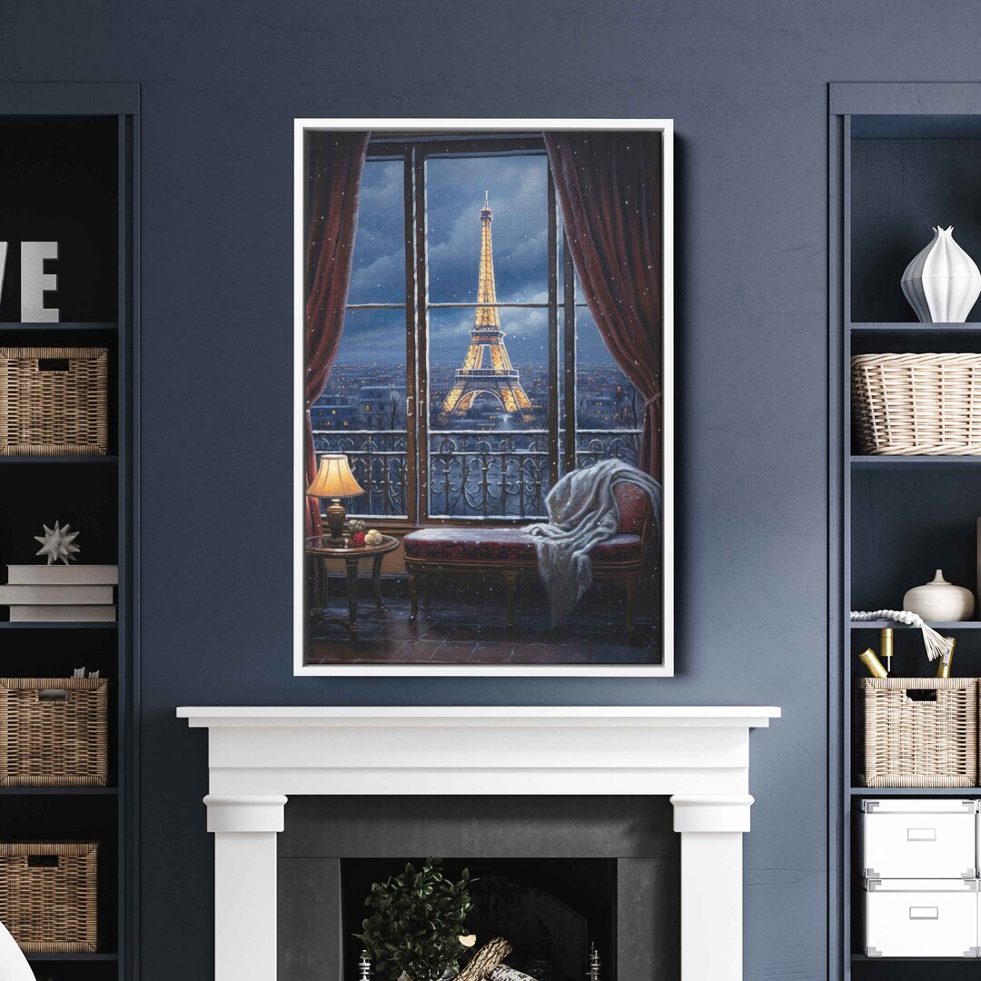 Eiffel Tower Through Window Wall Art Canvas Print, Paris Nightscape ...