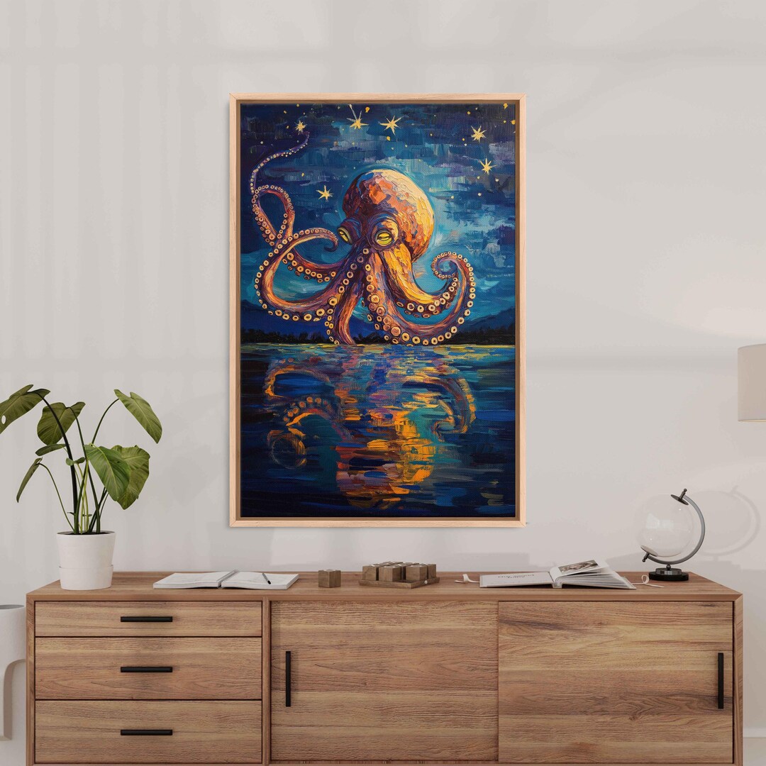 Octopus Under Starry Night, Wall Art Canvas Print, Deep Blues ...
