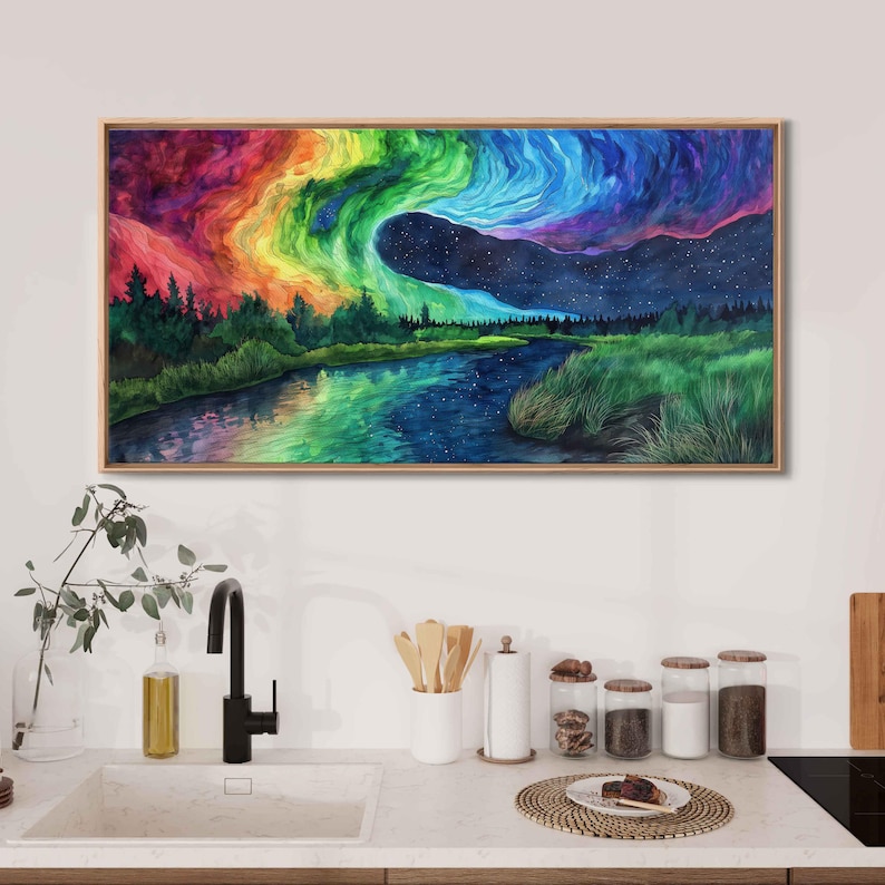 Northern Lights Watercolor Painting, Swirling Colors, Canvas Style ...