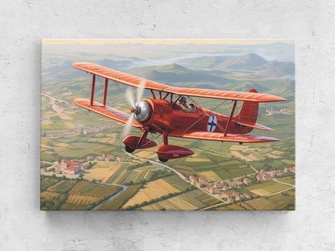 Classic Red Biplane Flying Painting, Framed Canvas Print, Ready to Hang ...
