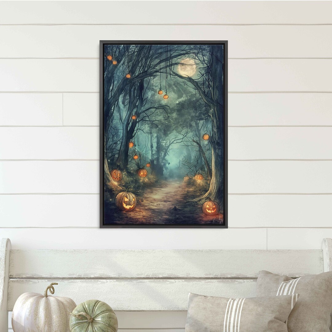 Ancient Enchanted Moonlit Forest Path Lined With Glowing Jack O ...