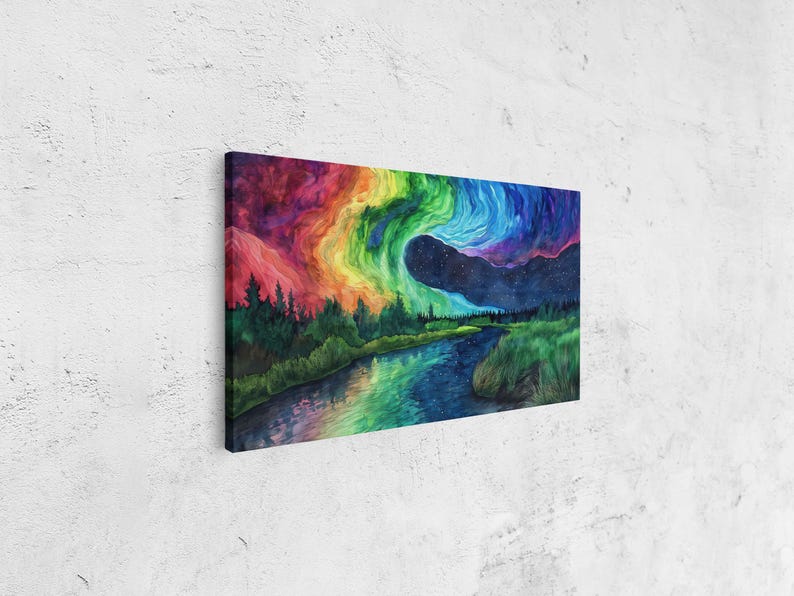 Northern Lights Watercolor Painting, Swirling Colors, Canvas Style ...