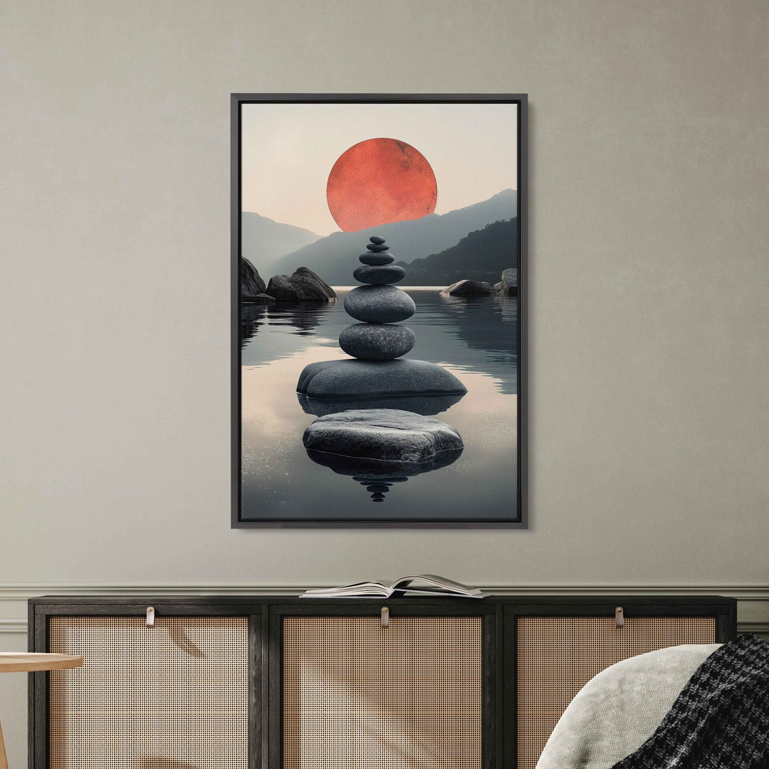 Zen Stacking Stones in Front of Red Moon Wall Art Canvas Print ...