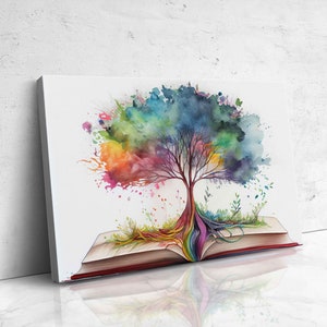 Tree of Knowledge Watercolor Art on Canvas, Ready to Hang, Library ...