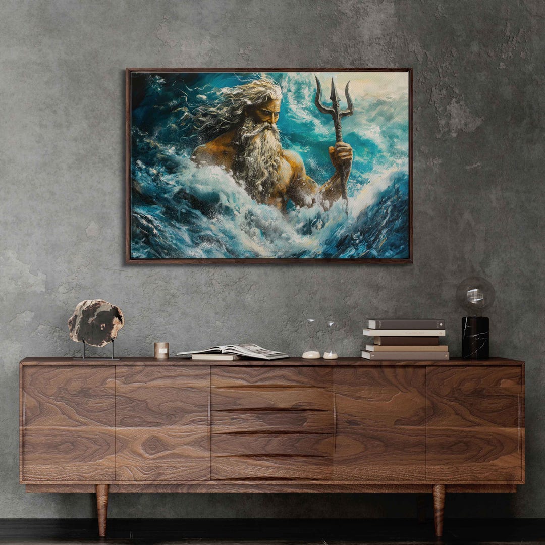 Poseidon Holding Trident Standing in Crashing Oceans Waves Wall Art ...