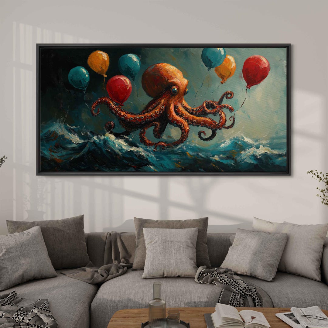 Surreal Octopus With Balloons, Wall Art Canvas Print, Colorful, Playful ...