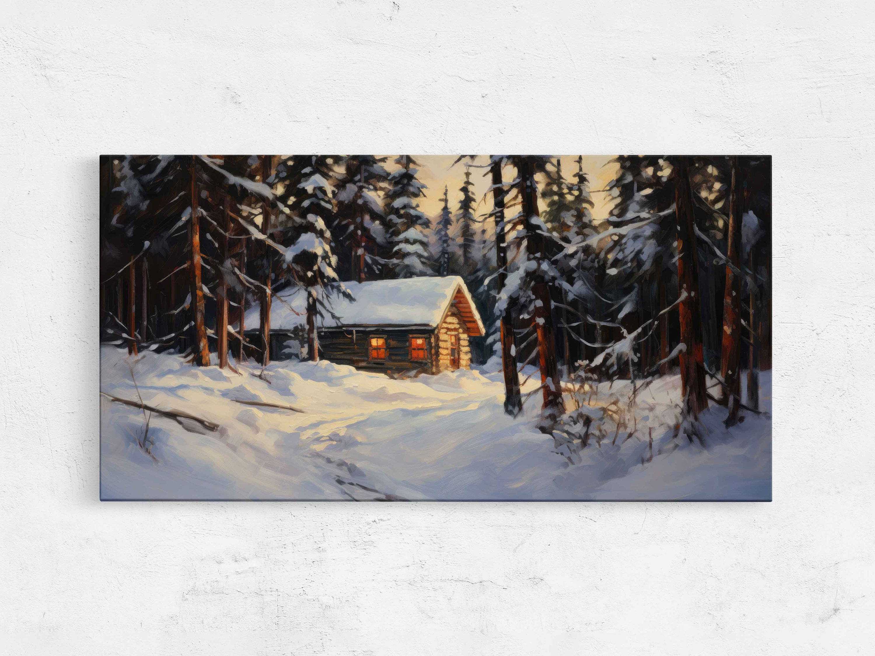 Snowy Log Cabin Landscape Painting, Framed Canvas Print, Ready to Hang ...