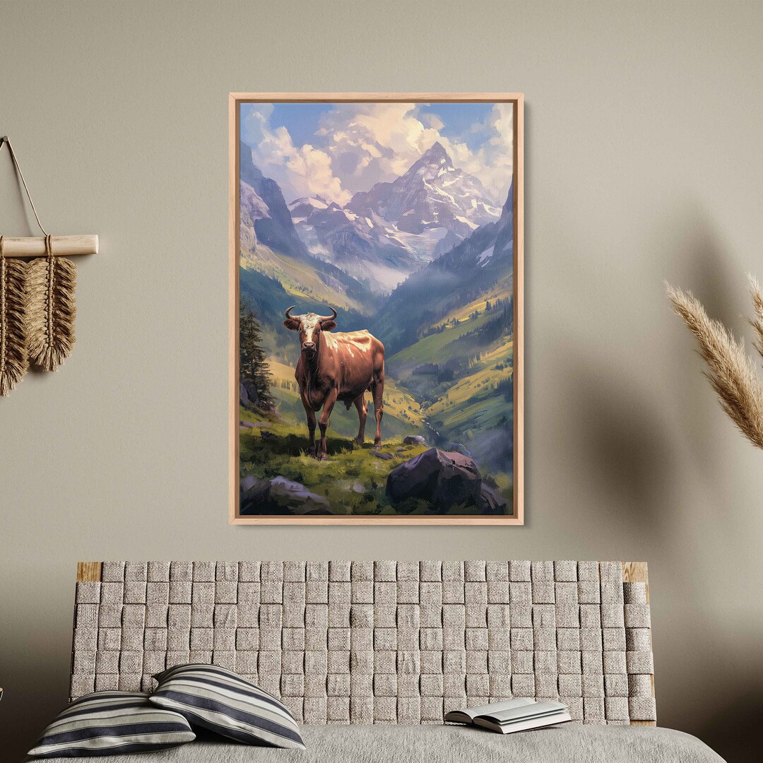 Lone Steer in Grassy Valley Amidst A Snowy Mountain Range Wall Art ...