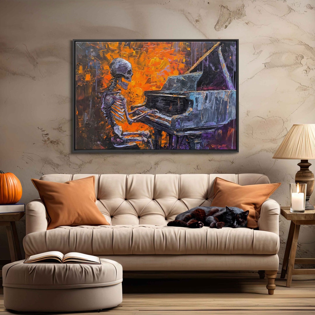 Skeleton Playing Grand Piano in Haunted Ballroom Oil Painting Wall Art ...