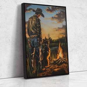 Vintage Cowboy by Fire With Dog at Sunset Acrylic Wall Art Canvas Print ...