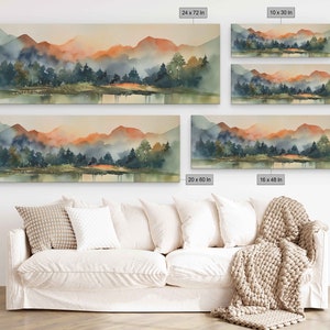 Colorful Panoramic Watercolor Landscape, Forest Mountains and Lake ...