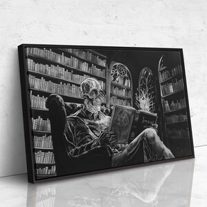 Skeleton in Library Reading Book Ink Art Painting Wall Art Canvas Print ...