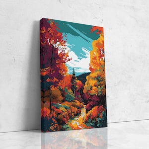 Vibrant Autumn Pop Art Landscape, Digital Illustration on Canvas, Fall ...