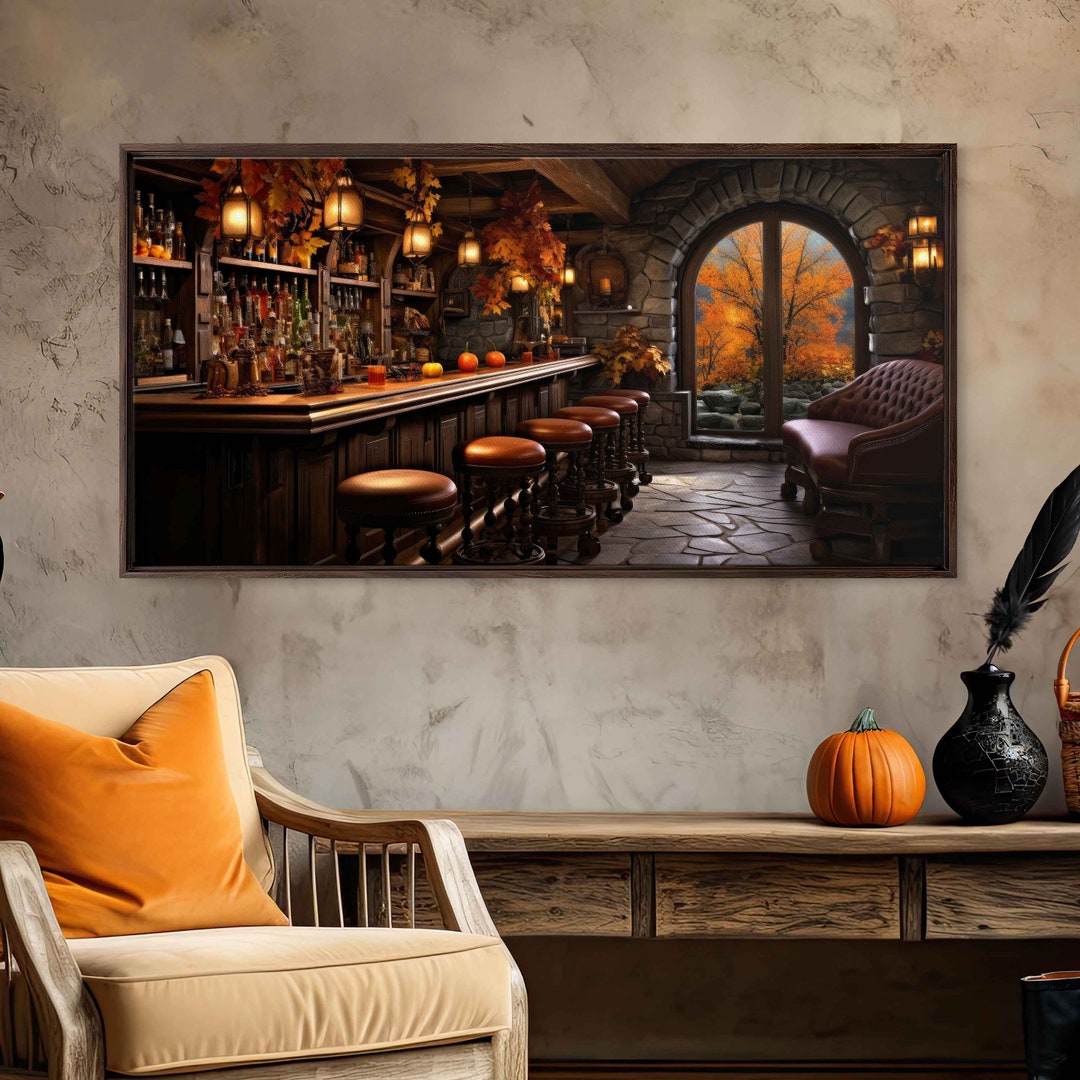 Cozy Autumn Bar Art, Bar Wall Art Decor, Framed Canvas Print, Ready to ...