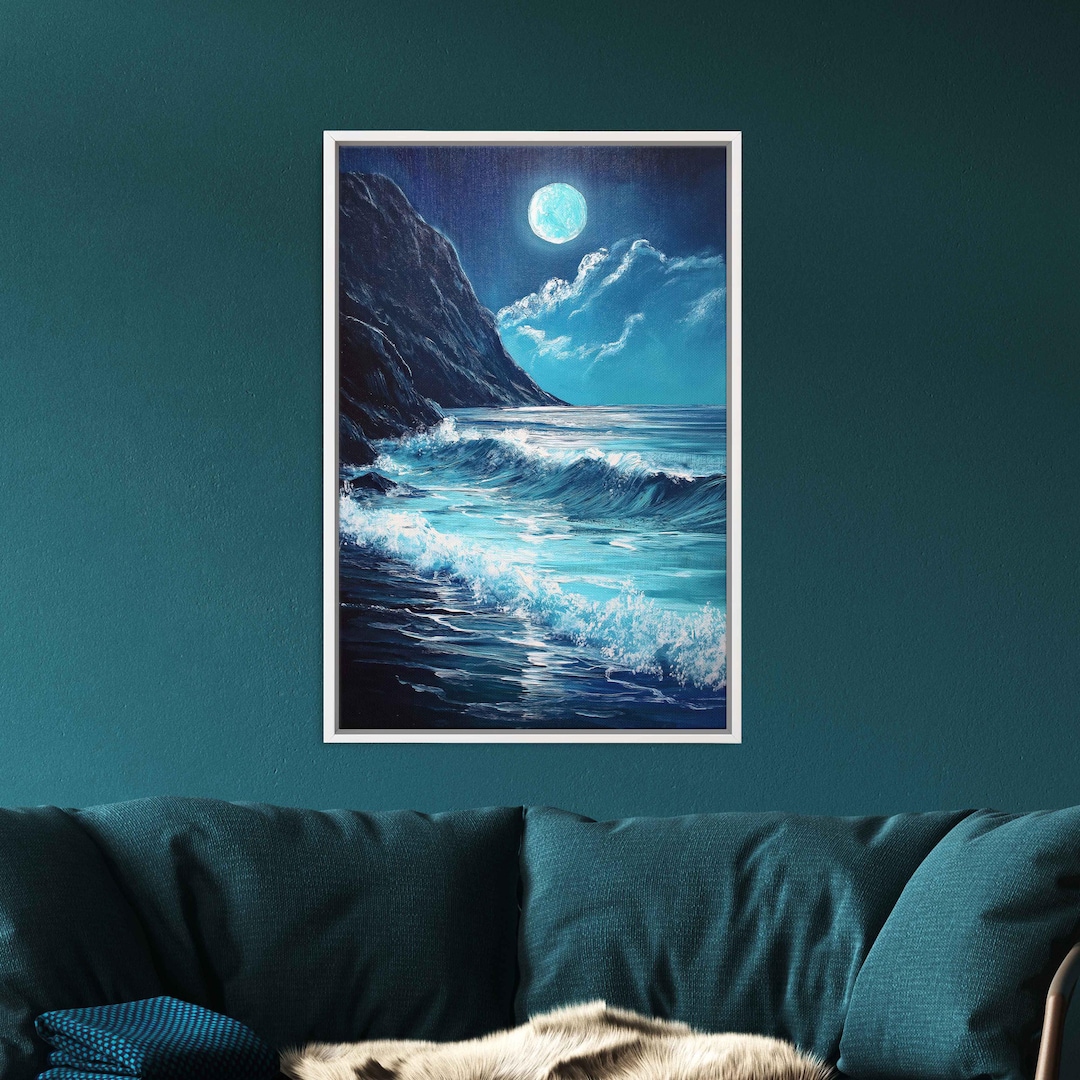 Moonlit Cliffside Surf Waves Wall Art Canvas Print, Rolling Waves ...