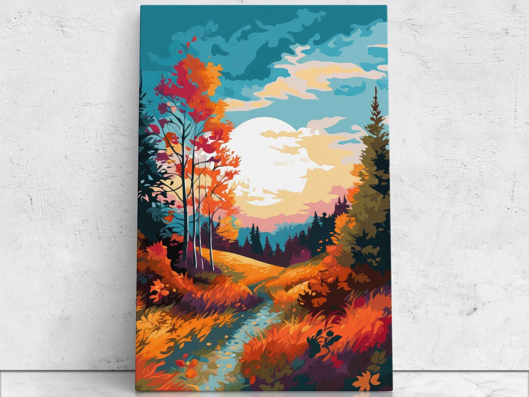 Stunning Fall Pop Art Sunset Landscape, Digital Illustration on Canvas ...