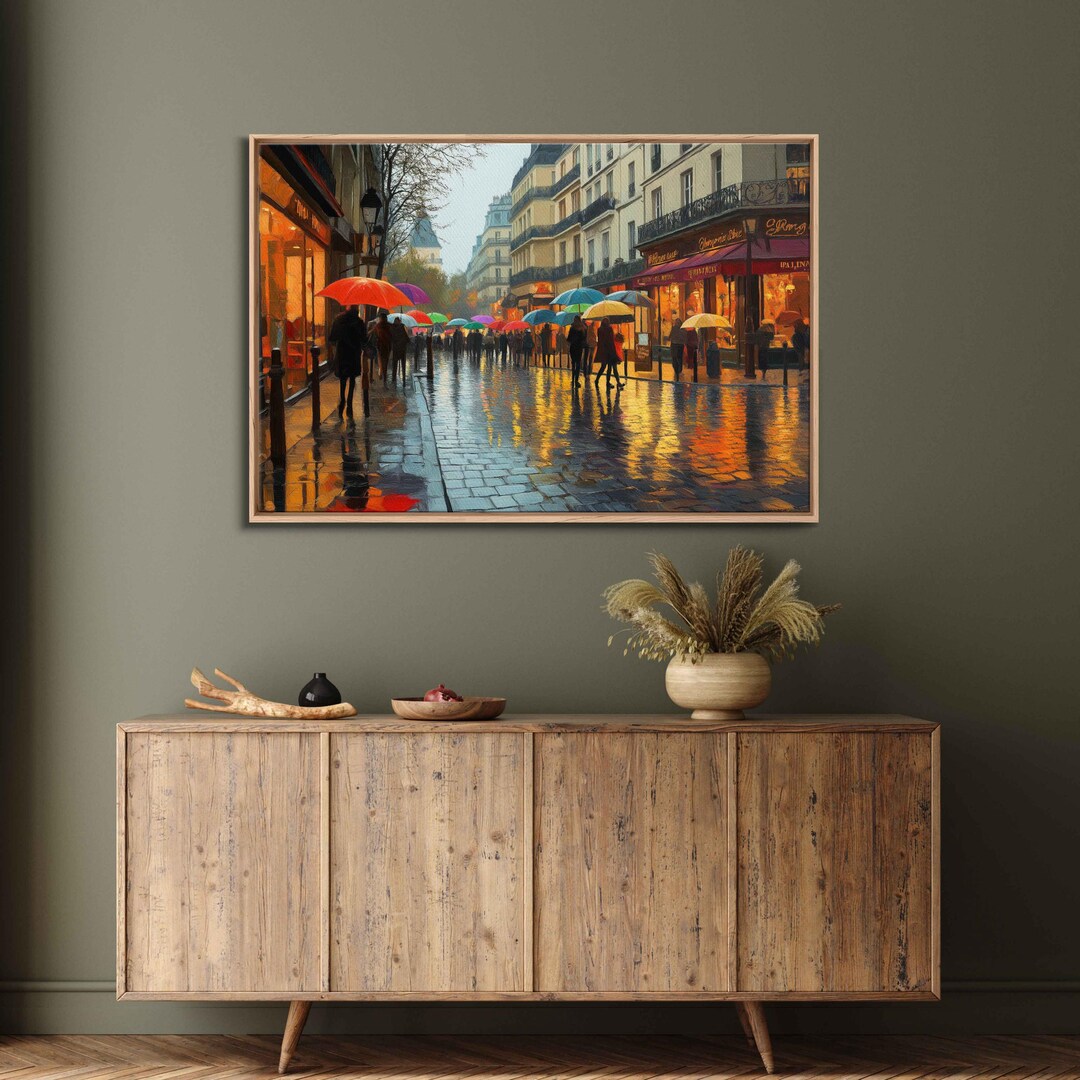 Parisian Street Scene, Wall Art Canvas Print, Colorful Umbrellas, Rain ...