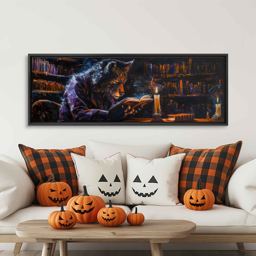 Werewolf Reading Book in Haunted Library by Candlelight Wall Art Canvas ...