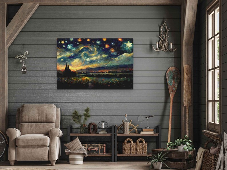 Starry Night Sky Landscape Painting, Digital Print on Ready-to-hang ...