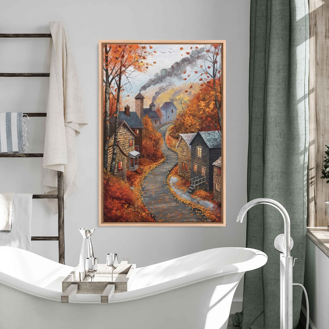 Cozy Autumn Village With Charming Cottages Acrylic Wall Art Canvas ...