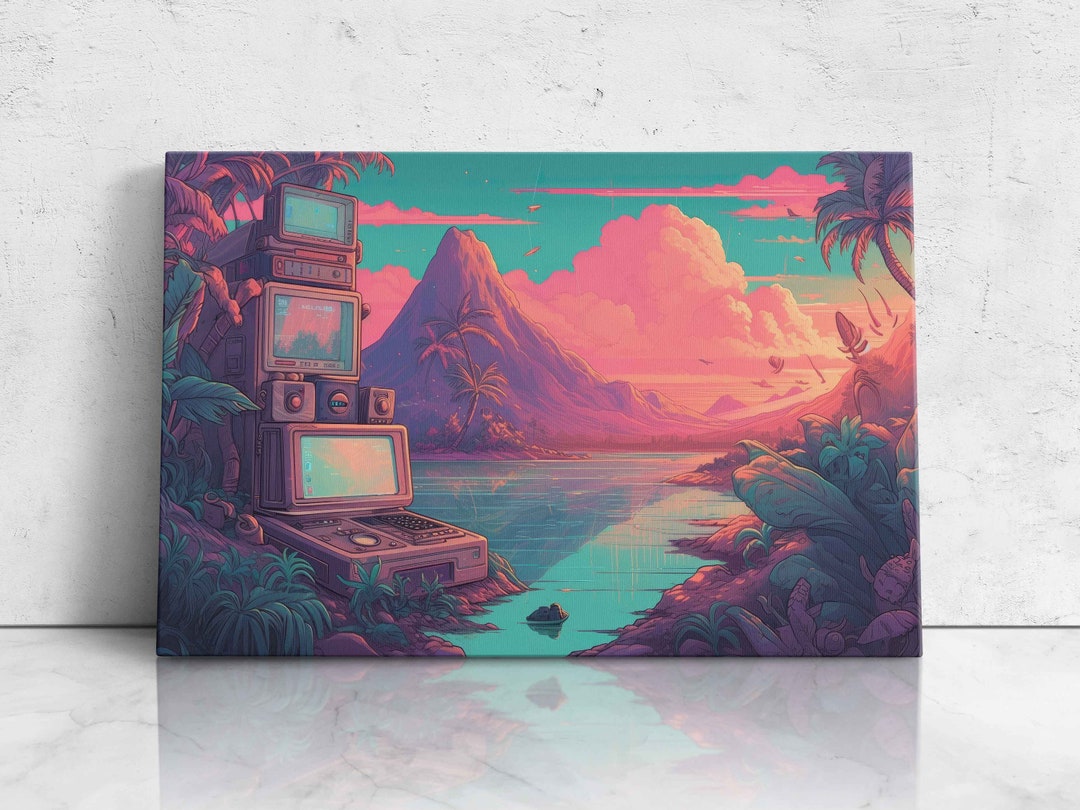 Tropical Retro Vaporwave Illustration of Computers on an Island, Framed ...